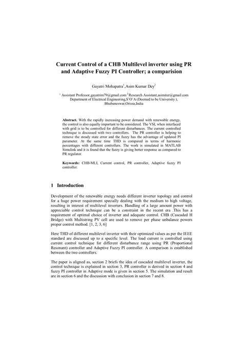 Pdf Current Control Of A Chb Multilevel Inverter Using Pr And Adaptive Fuzzy Pi Controller A