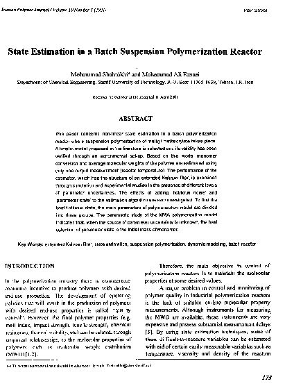 Pdf State Estimation In A Batch Suspension Polymerization Reactor