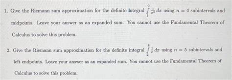 solved 1 give the riemann sum approximation for the