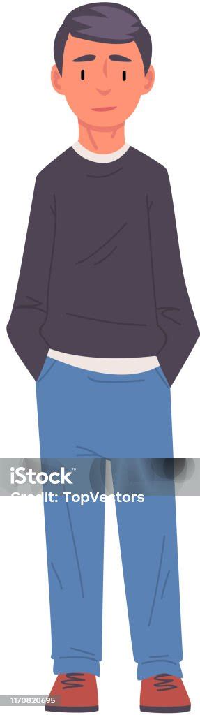 남자 서 와 와 그의 손 주머니 학생 에 캐주얼 옷 벡터 일러스트 남성에 대한 스톡 벡터 아트 및 기타 이미지 남성 남자