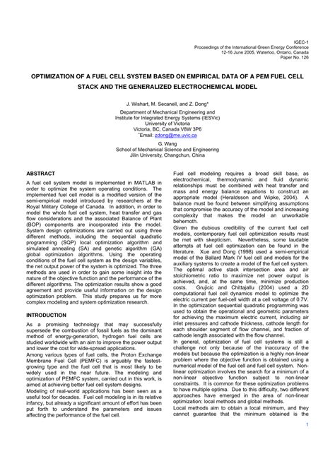 Pdf Optimization Of A Pem Fuel Cell System Based On Empirical Data And A Generalized