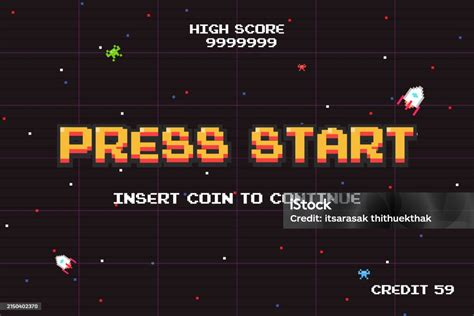 보도자료 시작 계속하려면 동전을 삽입하십시오 Pixel Art Arcade Screen8 비트 Gameretro 게임 벡터 일러스트레이션의 게임 자산용 픽셀 아트에 대한