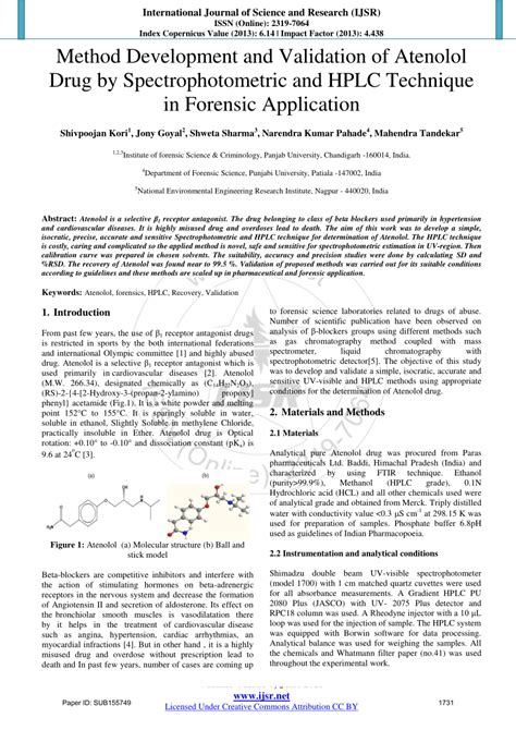 Pdf Method Development And Validation Of Atenolol Drug By Spectrophotometric And Hplc