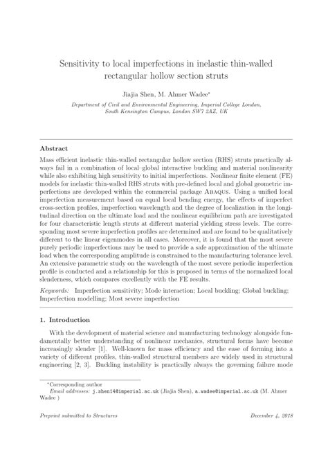 Pdf Sensitivity To Local Imperfections In Inelastic Thin Walled