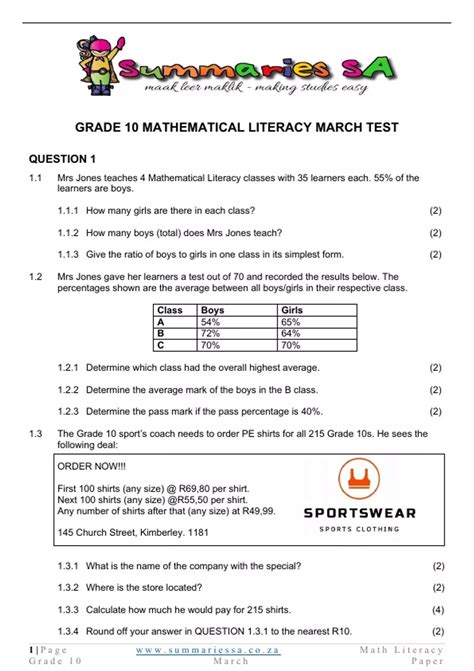 Grade 10 Mathematical Literacy Math Lit March Paper And Memo 2024 Mathematics Stuvia Sa