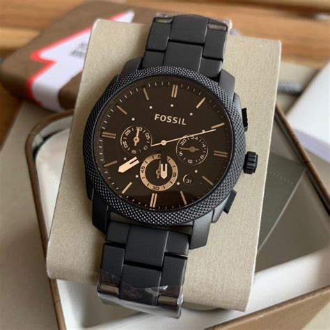 Original Fossil Fs4682 Machine Mid Size Chronograph Black Stainless Steel Watch Mens Fashion
