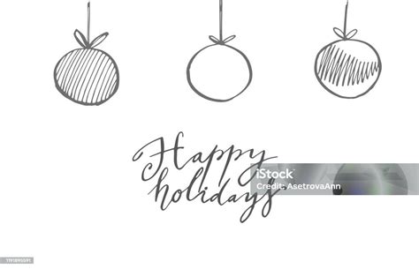 해피 홀리데이 레터링 문구와 그래픽 일러스트 템플릿 인사말 카드 초대와 함께 Xmas 공 빈티지 일러스트 0명에 대한 스톡 벡터