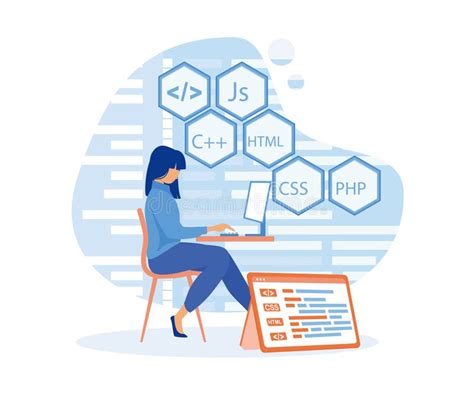 Software Engineer Sit In Chair Working On Laptop Use Programming Language Code With Flat Cartoon