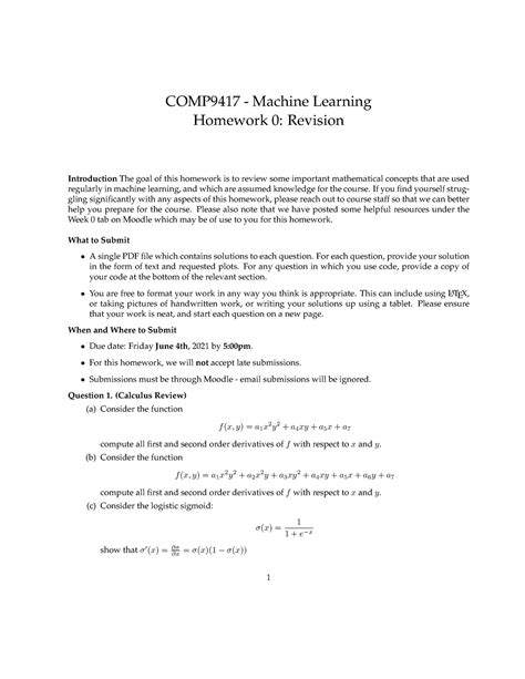 Homework 0 Comp9417 Machine Learning Homework 0 Revision Introduction The Goal Of This