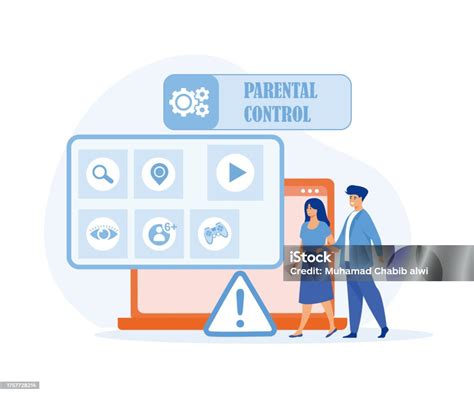 자녀 보호 소프트웨어 연령 제한 제한된 게임 시간 지리적 위치 추적 아동에게 차단 금지 또는 부적절한 콘텐츠 플랫 벡터 현대 일러스트 레이 션 개념에 대한 스톡 벡터 아트