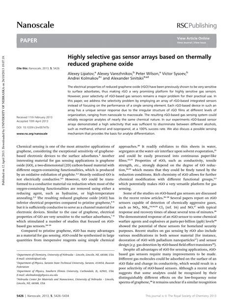 pdf highly selective gas sensor arrays based on thermally reduced