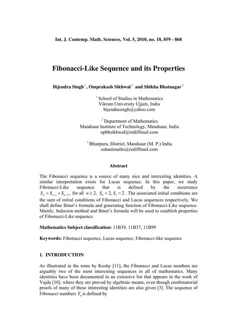 Pdf Fibonacci Like Sequence And Its Properties