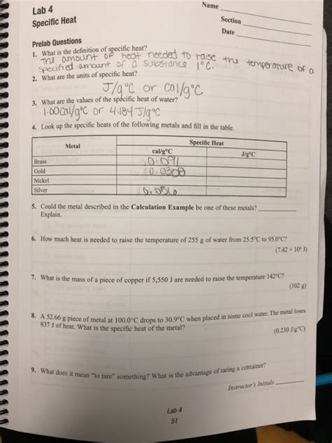 solved name lab 4 section specific heat date prelab