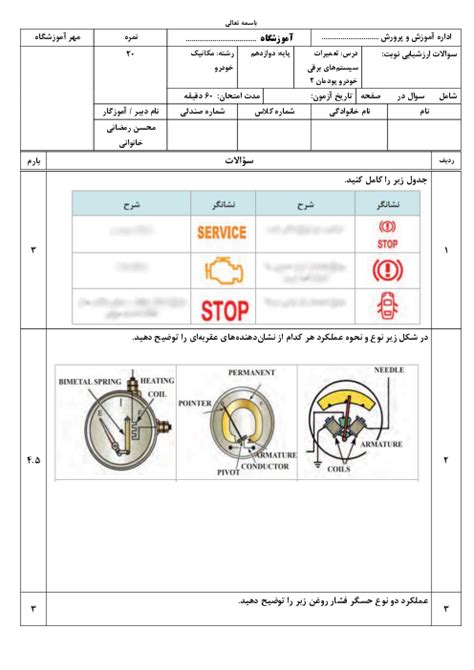 امتحان پودمان 2 تعمیر نشان دهنده‌های خودرو درس تعمیرات سیستم‌های برقی رشته مکانیک خودرو گاما