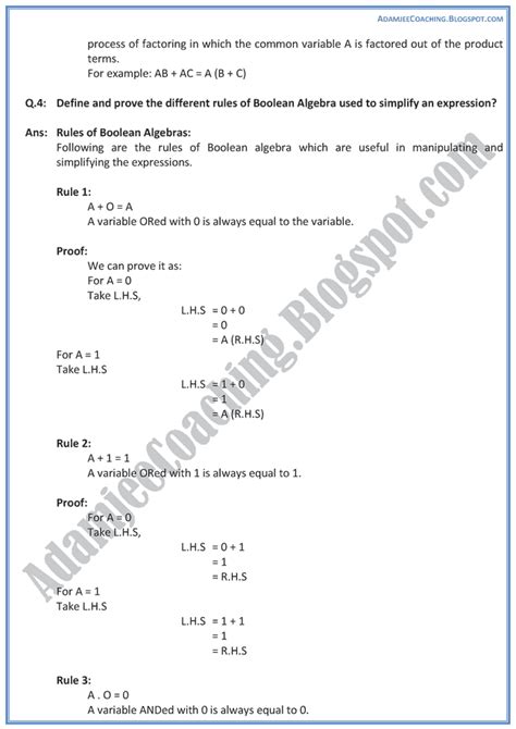 Adamjee Coaching Boolean Algebra Descriptive Question Answers Computer IX