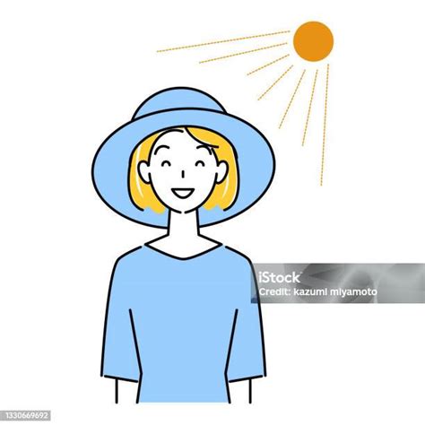 열사병 대책 태양 일러스트에 Uv 컷 모자를 쓰고 예쁜 여자를 미소 화 질 심플 한 벡터 열 사수 방지 태양에 자외선 차단 모자를 쓰고 예쁜 웃는 여자 간단한 그림 벡터