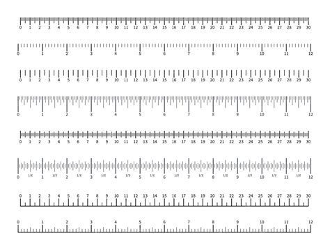 눈금자 저울 다른 측정 단위 숫자가 있는 규칙 구분 학교 드로잉 테이프 기하학 도구 센티미터 또는 인치 길이 측정 벡터 너비 미터 세트 프리미엄 벡터