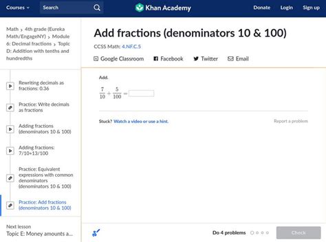 Khan Academy Add Fractions Denominators 10 And 100 Unknown Type For 3rd 5th Grade Lesson Planet