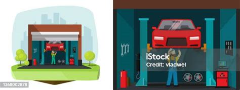 자동차 차고 서비스 숍 차량 벡터 또는 자동차 수리 유지 보수 진단 워크샵 작업 및 정비 남자 작업 및 자동 평면 만화 일러스트 를 확인 건물 외관에 대한 스톡 벡터 아트