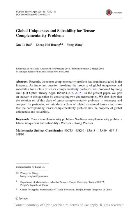 Global Uniqueness And Solvability For Tensor Complementarity Problems Request Pdf