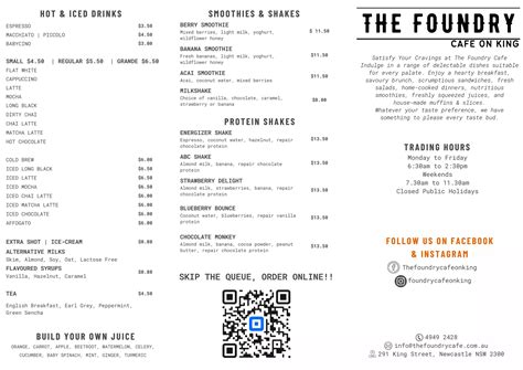 Foundry Cafe Menu 291 On King