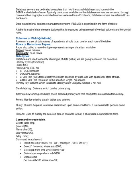 Columns Or Fields Attribute Rows Or Records Or Tuples Degree No Of Column Cardinality