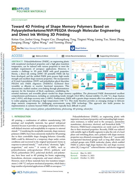 Pdf Toward 4d Printing Of Shape Memory Polymers Based On Polyaryletherketone Nvp Pegda Through