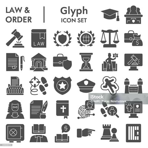 법학 문양 아이콘 세트 법 및 주문 컬렉션 벡터 스케치 로고 일러스트레이션 웹 기호 흰색 배경에 고립 된 솔리드 스타일 픽토그램 패키지 Eps 10 감시에 대한 스톡 벡터