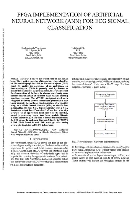 Fpga Implementation Of Artificial Neural Network Ann For Ecg Signal Classification 978 1