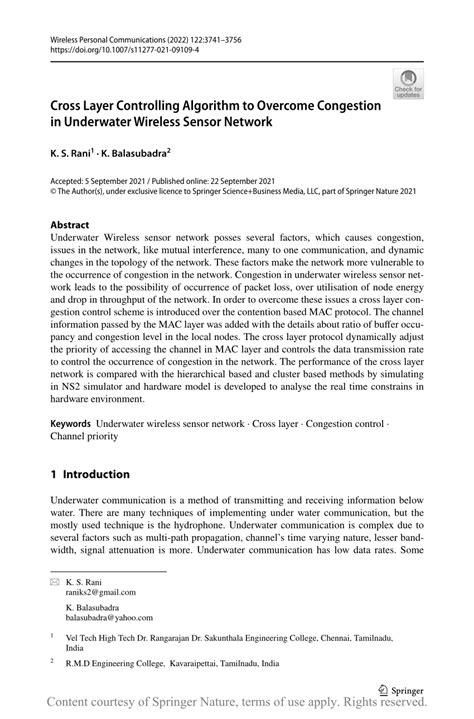 Cross Layer Controlling Algorithm To Overcome Congestion In Underwater Wireless Sensor Network
