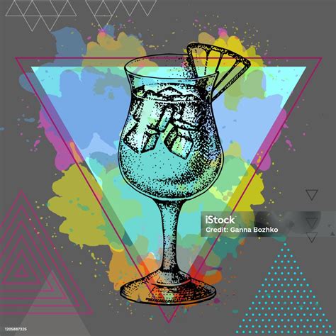 예술적인 다각형 수채화 배경에 힙스터 칵테일 블루 하와이 일러스트 바에 대한 스톡 벡터 아트 및 기타 이미지 바 일러스트레이션 Dj Istock