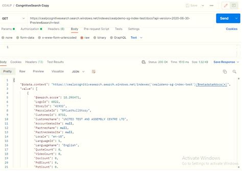 Azure Cognitive Search Text Search Through Postman