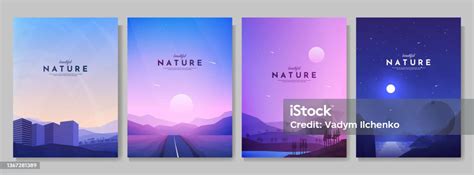 벡터 그림입니다 플랫 풍경 컬렉션 숲 근처 도시 산 저녁 숲 야간 장면 사이의 도로 포스터 잡지 책 표지 배너 초대장 브로셔를