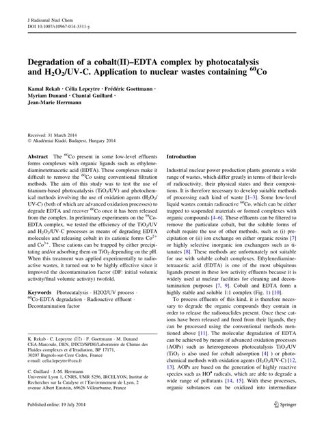 Pdf Degradation Of A Cobalt Ii Edta Complex By Photocatalysis And H2o2 Uv C Application To