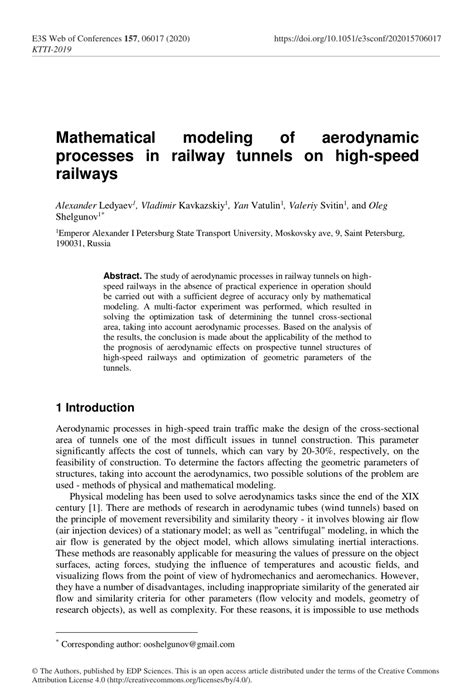 Pdf Mathematical Modeling Of Aerodynamic Processes In Railway Tunnels On High Speed Railways