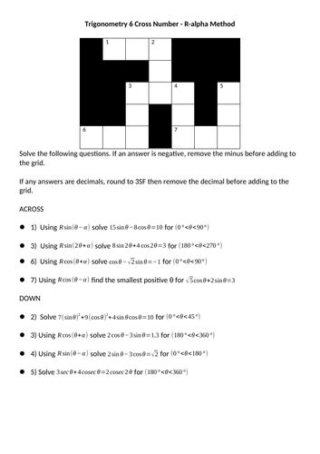 Trigonometry A Level Maths Cross Number Group Teaching Resources