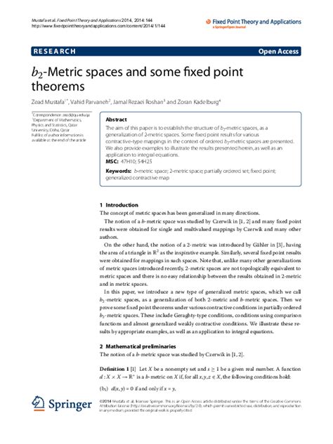 Pdf B2 Metric Spaces And Some Fixed Point Theorems