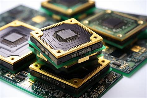 Stylized Illustration Of Computer Chips And Circuit Boards In Green Black And Gold On White