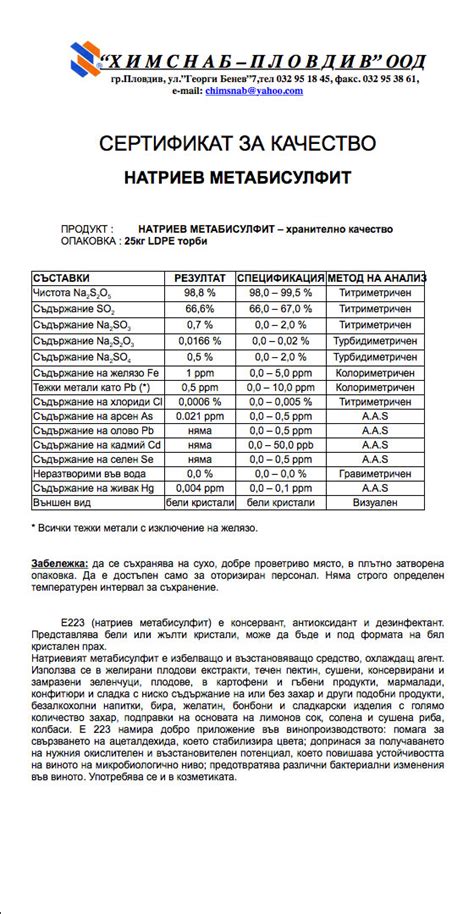 Фирма за химически продукти ХИМСНАБ ПЛОВДИВ СЕРТИФИКАТИ