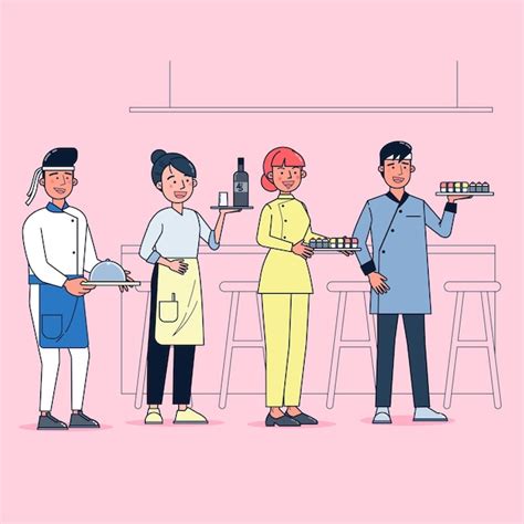 전문 유니폼 만화 스타일을 입고 케이터링 큰 집합 격리 된 평면 그림의 문자 모음 무료 벡터