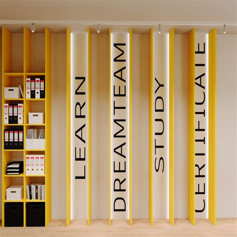 Современный дизайн офиса с желтыми книжными полками