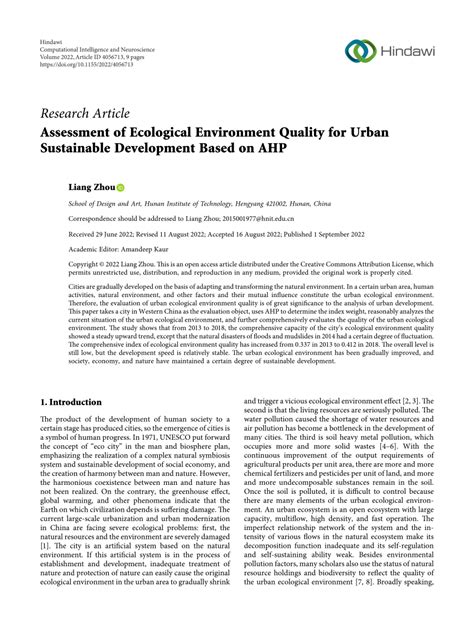 Pdf Assessment Of Ecological Environment Quality For Urban Sustainable Development Based On Ahp