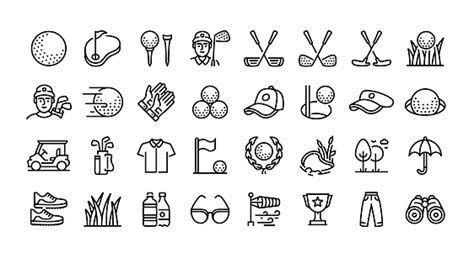 골프 라인 아이콘 세트입니다 개체 그룹입니다 골프공 골프장 골프티 골퍼 골프스틱 골프퍼터 골프장 골프캐디 골프스트라이크 골프캡 골프홀 골프에 대한 스톡 벡터 아트 및 기타