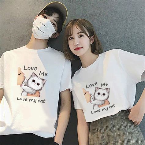 เสื้อคู่ ชายหญิง เสื้อยืดแมวคู่รัก น่ารัก ใส่กะแฟน ลายการ์ตูน มีทุกขนาด Shopee Thailand