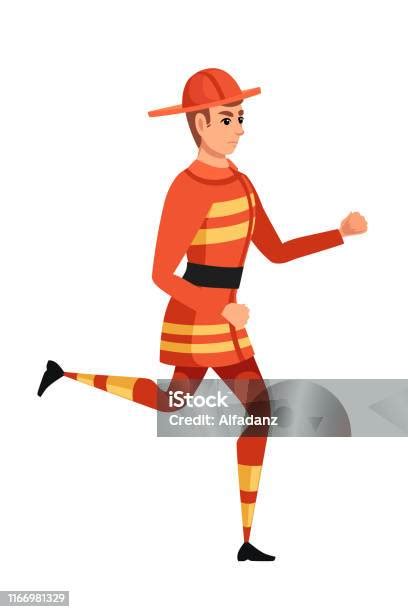 성인 남성 소방관 실행 지상 착용 내화 양식 만화 캐릭터 디자인 평면 벡터 일러스트 구조에 대한 스톡 벡터 아트 및 기타 이미지 구조 긴급서비스와 구조 직업 남성