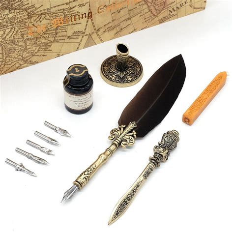 Feather Pen And Ink Set With Metal Letter Opener Pen Holder 6 Nibs