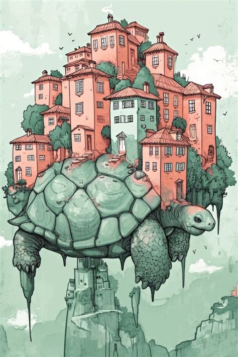 A Drawing Of A Turtle On Top Of A Building Stock Image Image Of