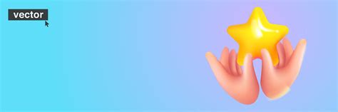 멋진 그라데이션 배경에 광택 있는 노란색 별을 들고 있는 손 만화 스타일의 현실적인 벡터 3d 그림 상에 대한 스톡 벡터 아트