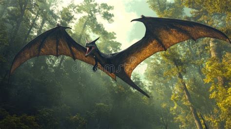 Dark Brown Dragon Soaring Through Lush Green Forest Stock Illustration Illustration Of