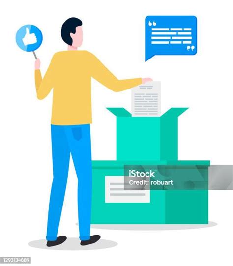 고객 또는 사용자가 저자 기호 소셜 네트워크 게시물이있는 상자와 같은 젊은 남자의 피드백 가공의 인물에 대한 스톡 벡터 아트 및 기타 이미지 Istock